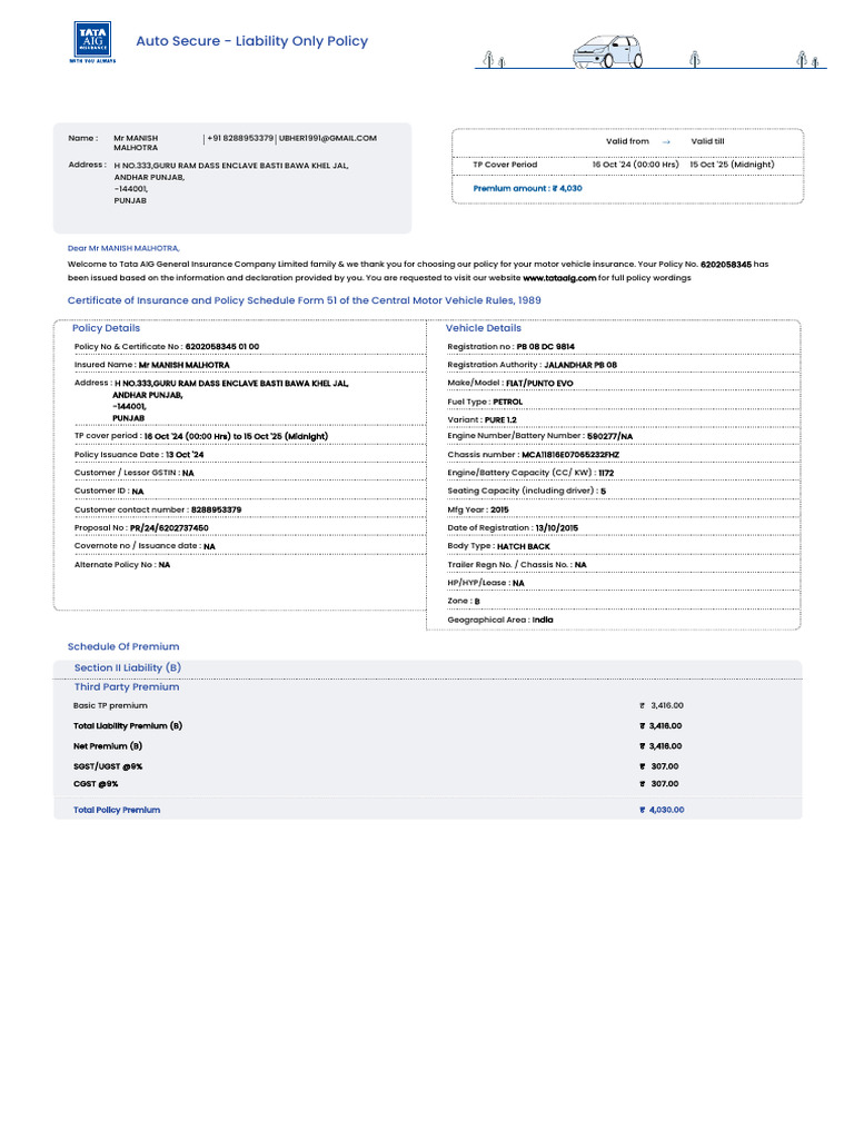 Tata AIG Motor Policy Schedule 3184 6202058345 (1) | PDF | Insurance | Business Law