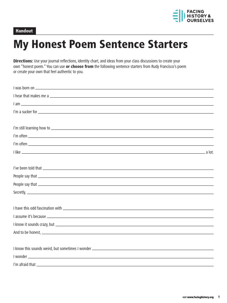 Honest Poem Sentence Starters EN | PDF | Self-Improvement