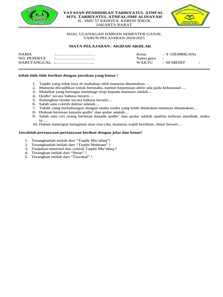 Soal Uhb 2024 Akidah Akhlak KLS 9 | PDF