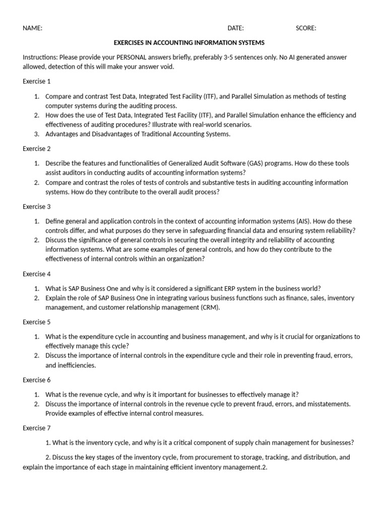AIS-EXERCISES | PDF | Audit | Internal Control