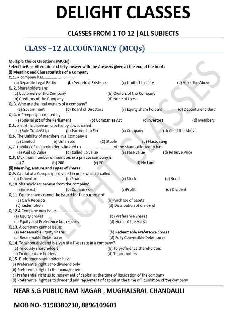 Class 12 Accountancy MCQs Chapter 1 | PDF | Preferred Stock | Dividend