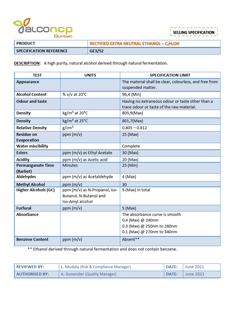 Rectified Extra Neutral Potable Ethanol Specification | PDF