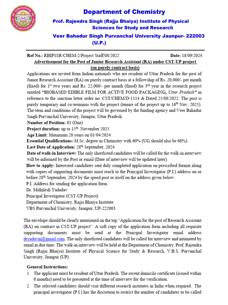 Junior Research Assistant Position in UP | PDF