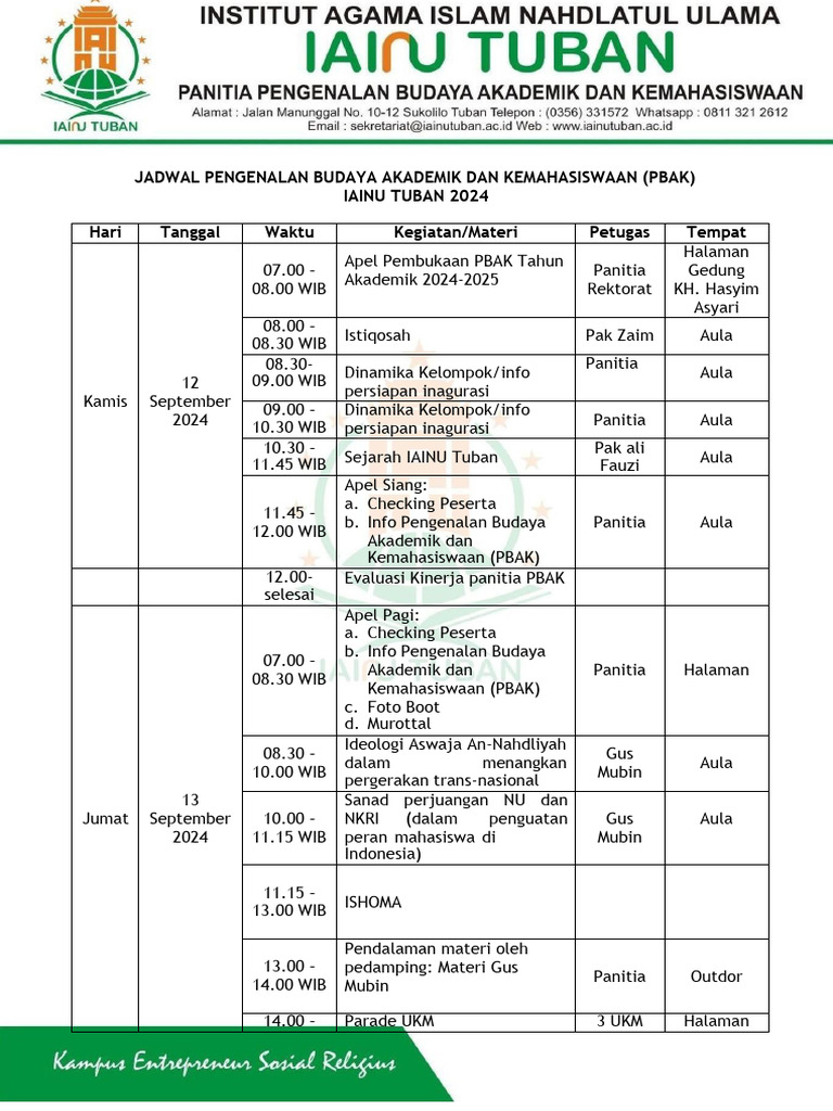 Jadwal Pbak 2024 - Iainu Tuban-Baru - Fix | PDF