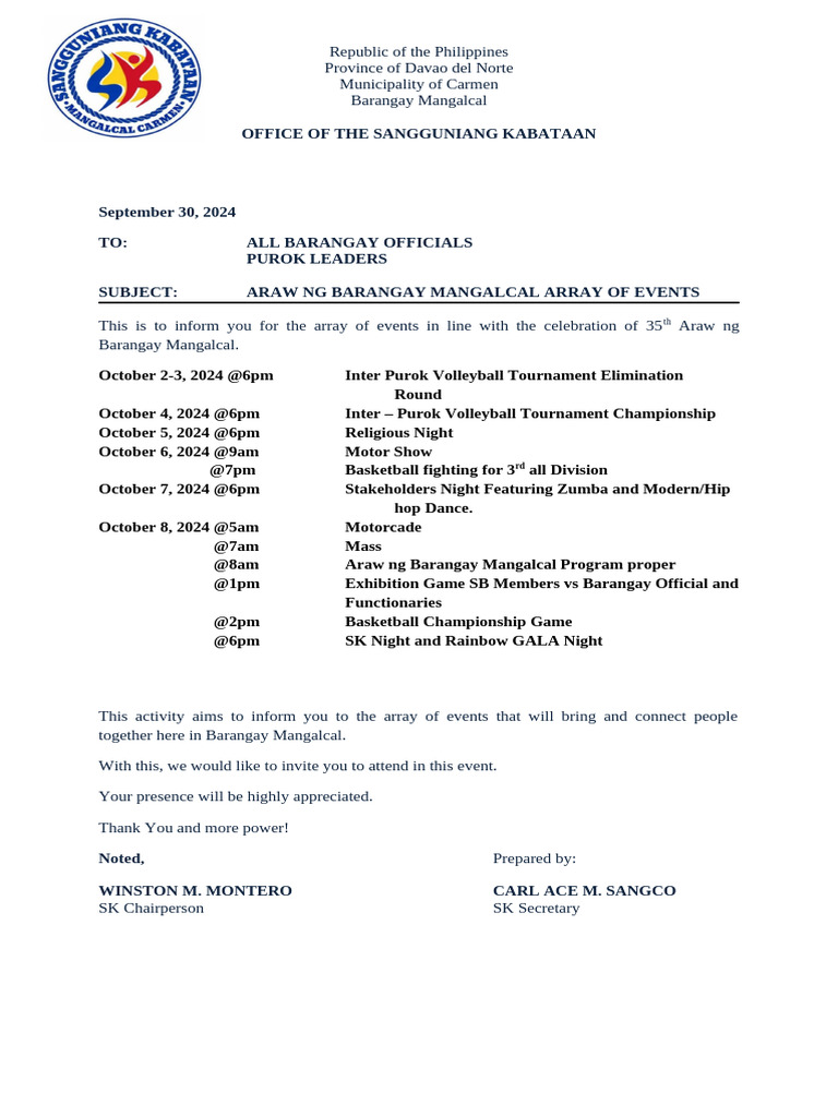 Araw ng Barangay Mangalcal Events 2024 | PDF