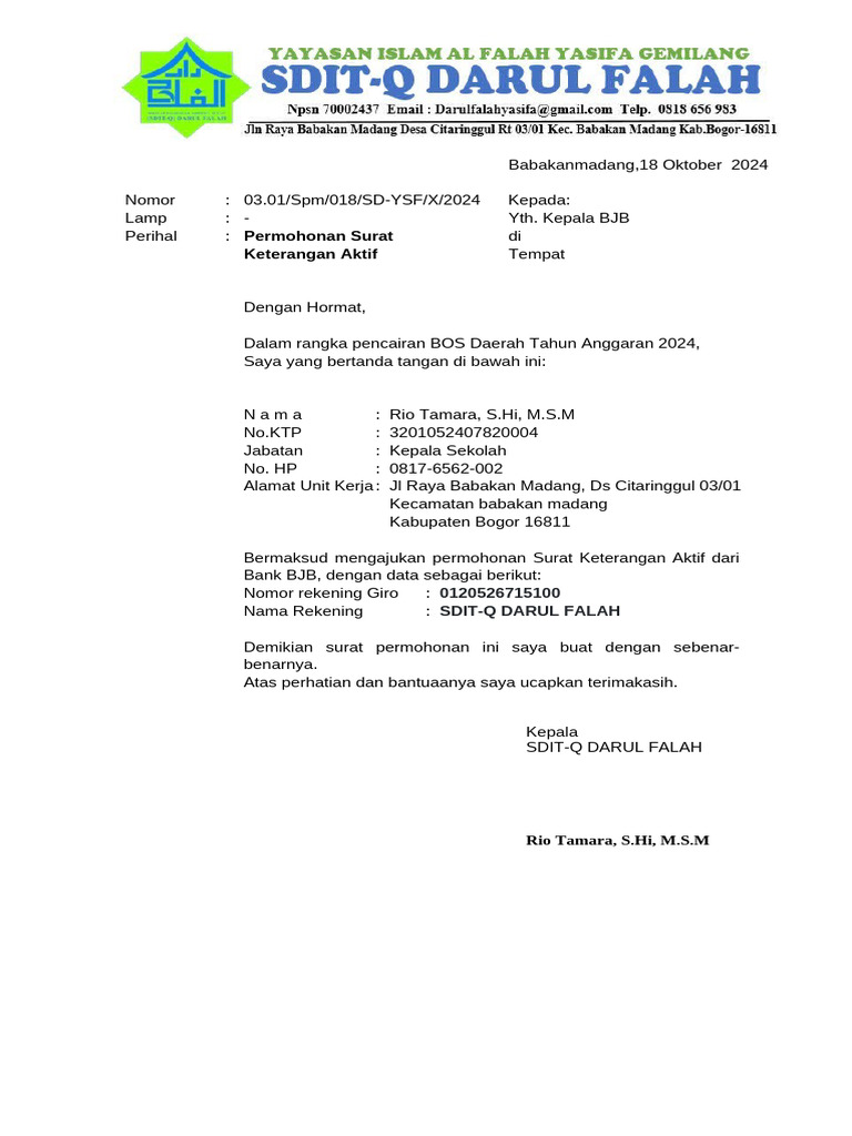 SURAT permohonan surat keterangan aktif giro_annisa | PDF