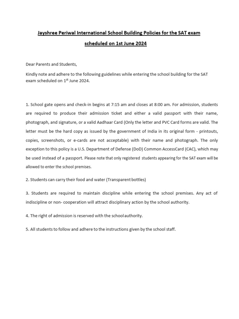 JPIS SAT Exam 1st June 2024 Guidelines | PDF | Wellness