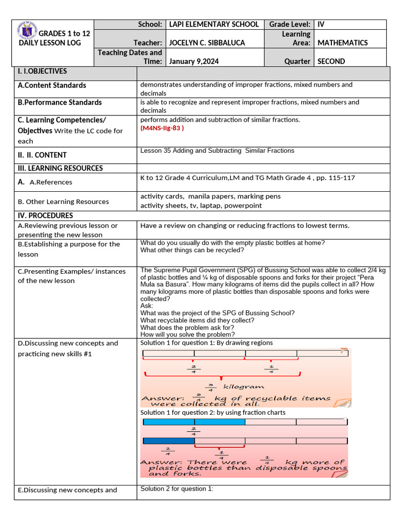 Grade 4 Math Lesson: Fractions | PDF | Learning | Mathematics