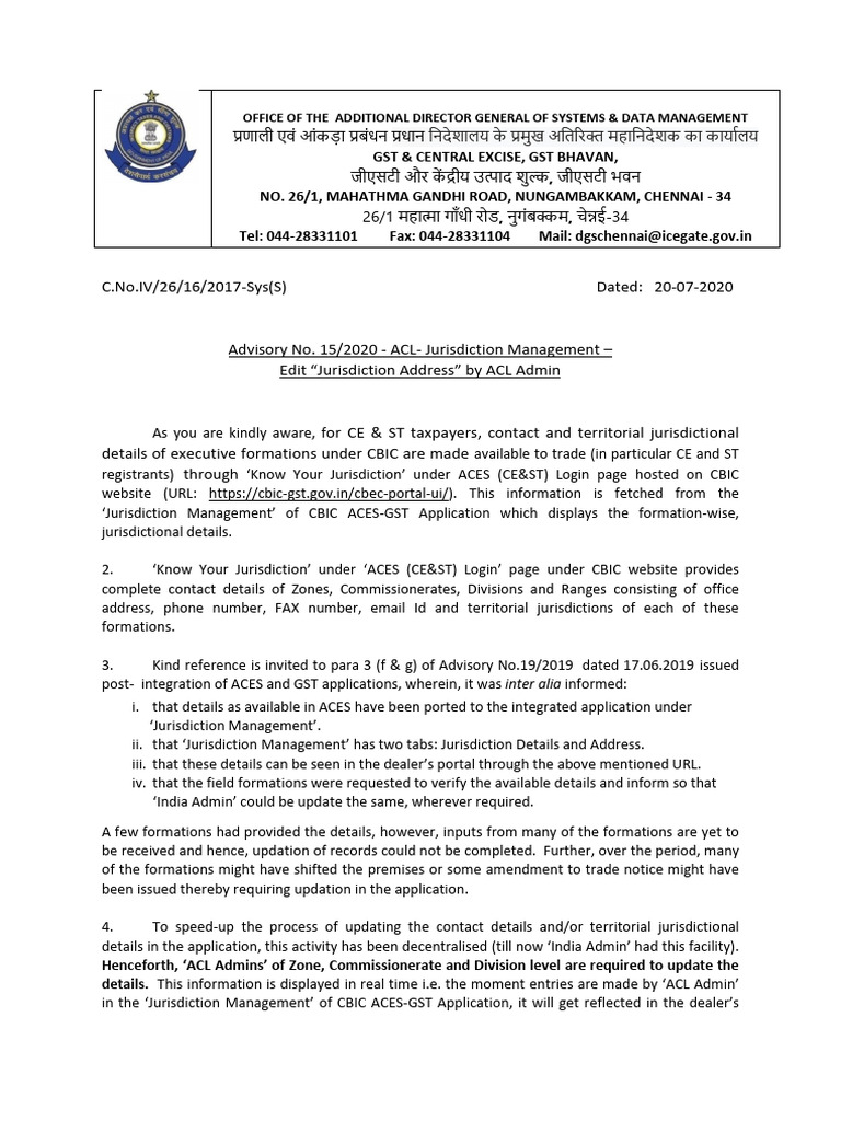 Advisory No. 15 Dated 20.07.2020 - ACL - Jurisdiction Management - Edit ...