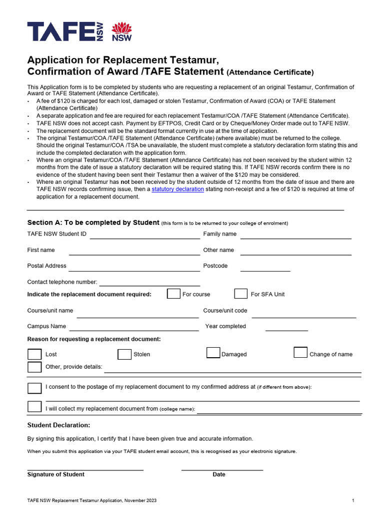 2024 - Replacement Testamur Application | PDF | Apprenticeship ...