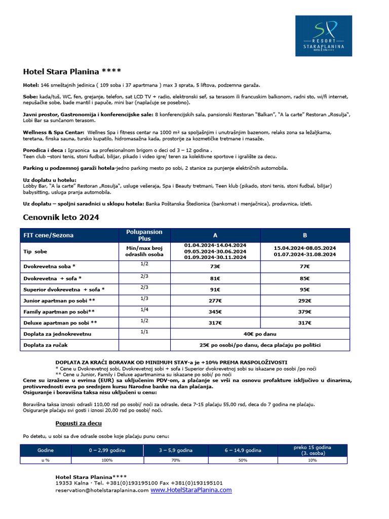 Stara Planina Cenovnik Leto 2024. | PDF