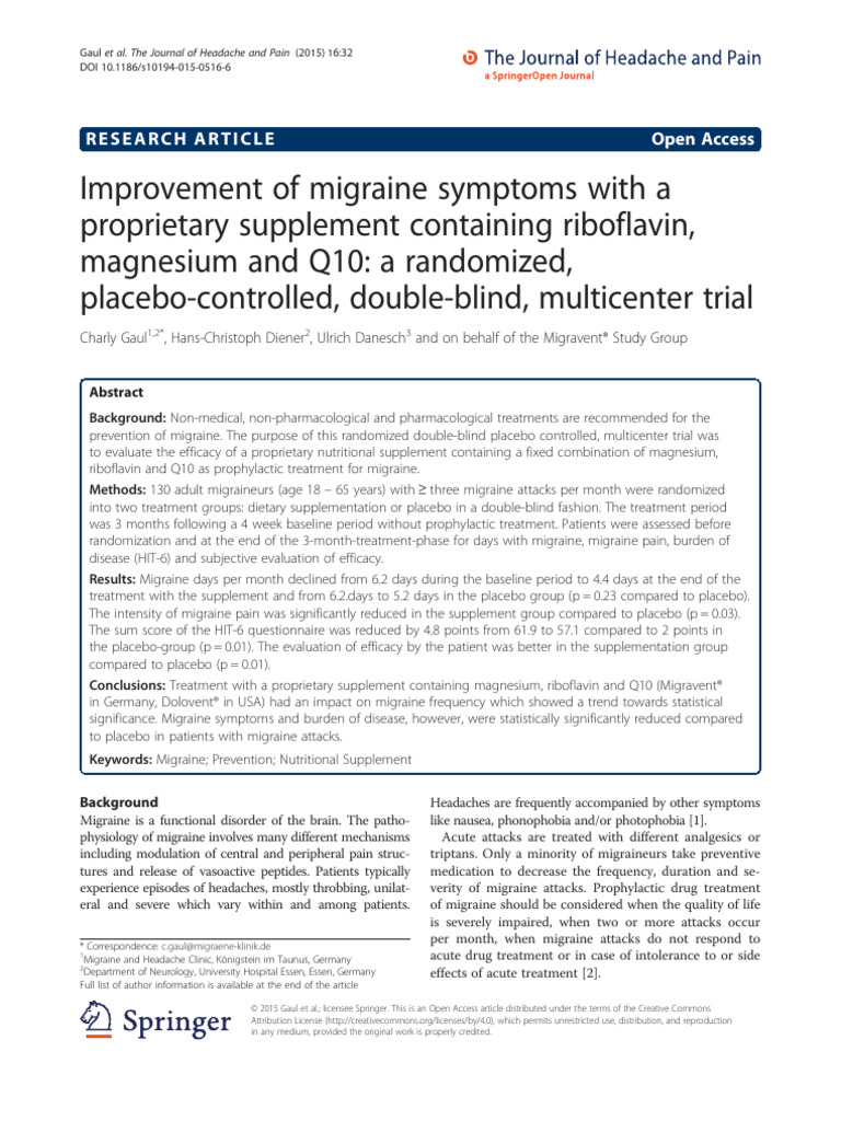 The Journ of Headache Pain Migravent Dolovent Study | PDF | Migraine | Placebo