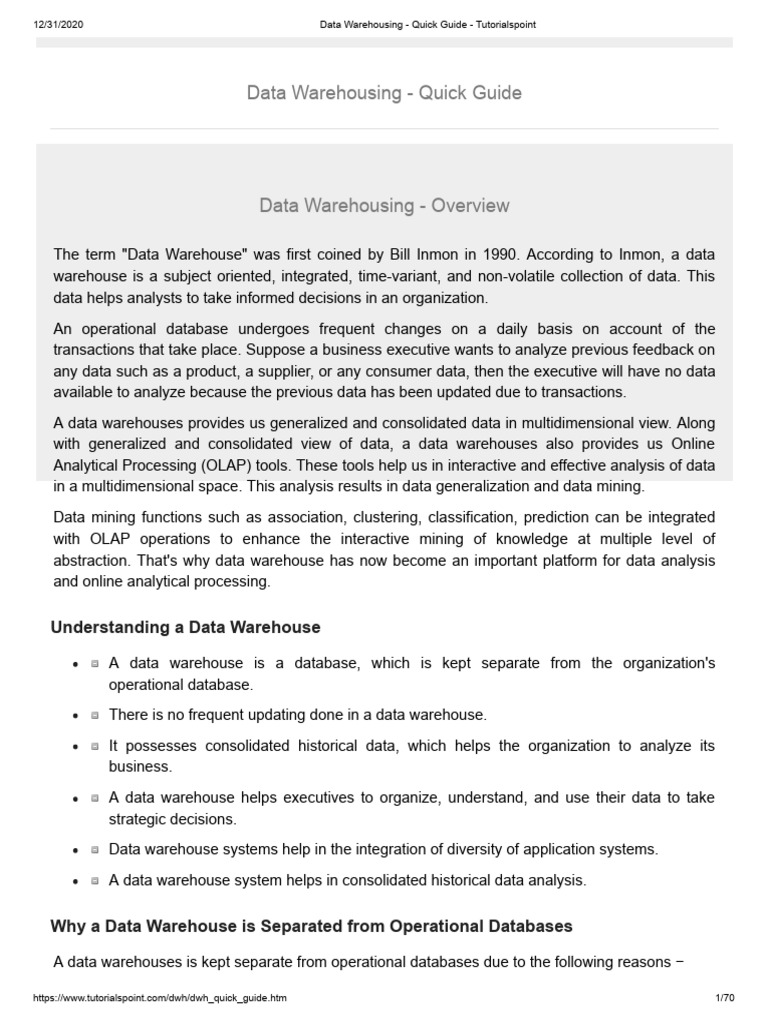 Data Warehousing - Quick Guide | PDF | Data Warehouse | Databases