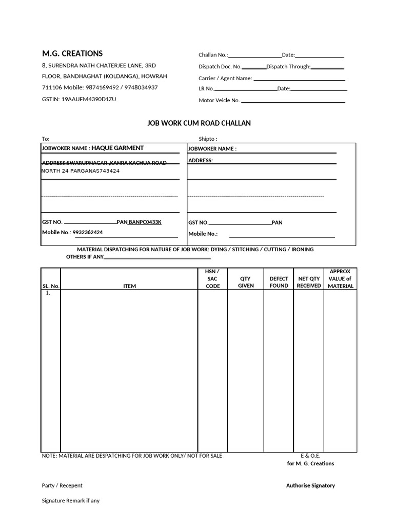 Job Work Road Challan for M.G. Creations | PDF