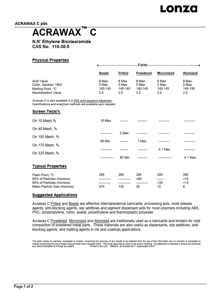 Lonza ProductDataSheets Acrawax C PDS | PDF | Materials Science ...