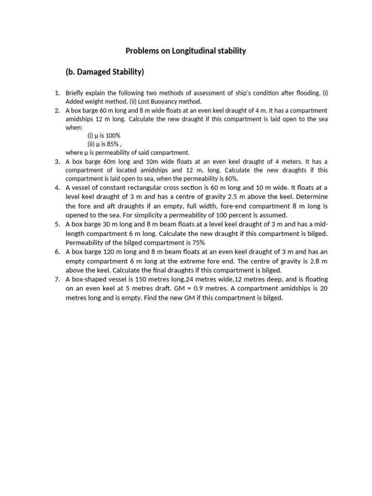 Problems On Longitudinal Stability (Bilging) | PDF