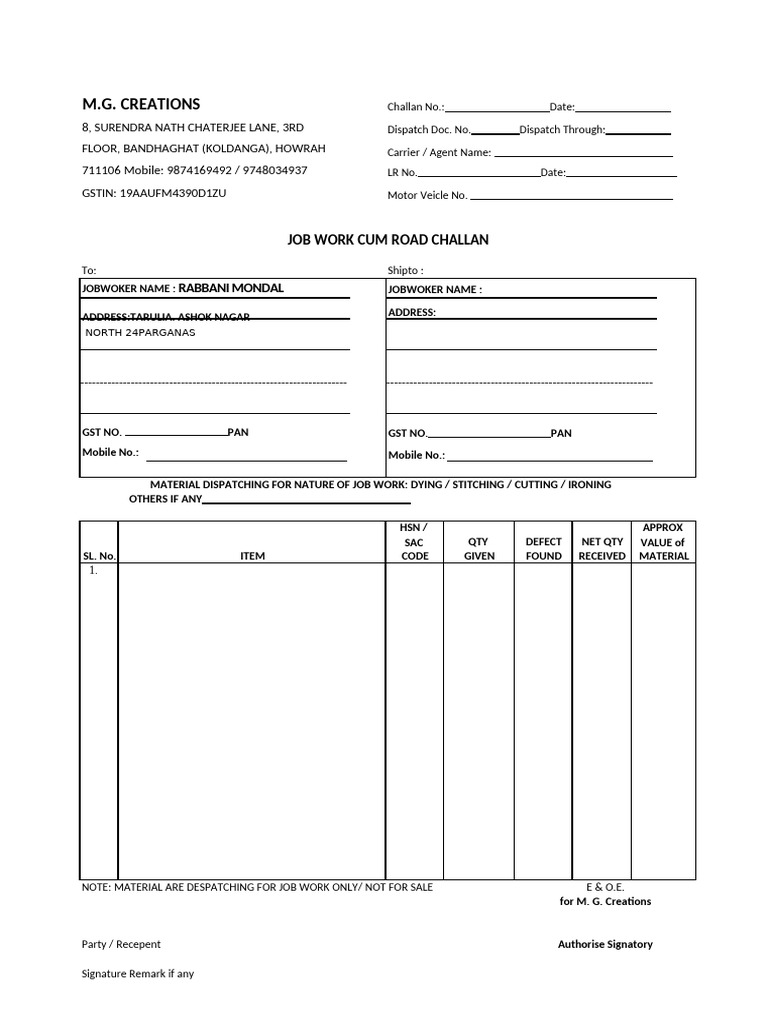 Job Work Road Challan Template | PDF