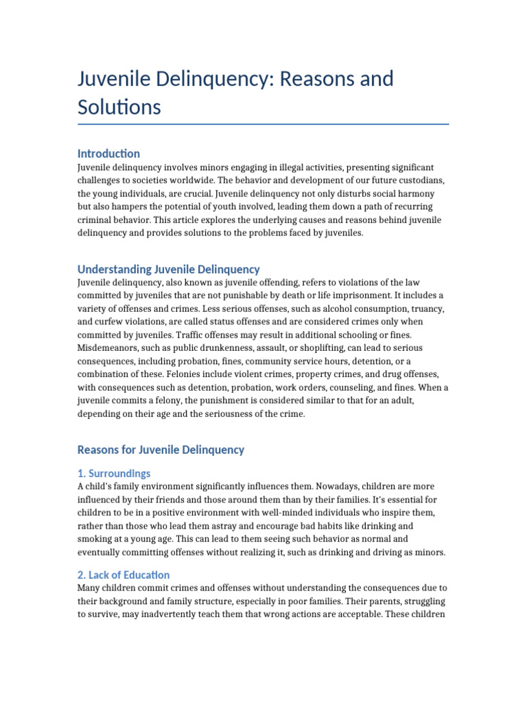 Juvenile Delinquency Reasons and Solutions | PDF | Juvenile Delinquency | Crimes