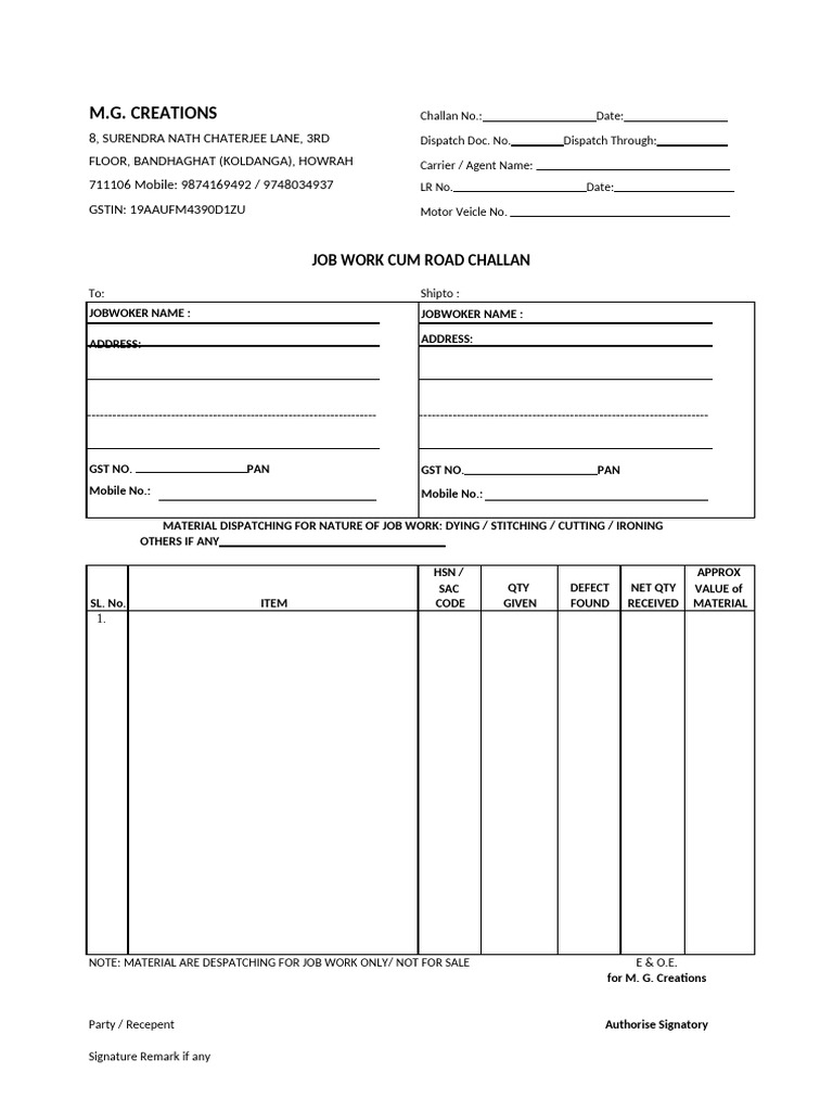 Job Work Cum Road Challan Format | PDF