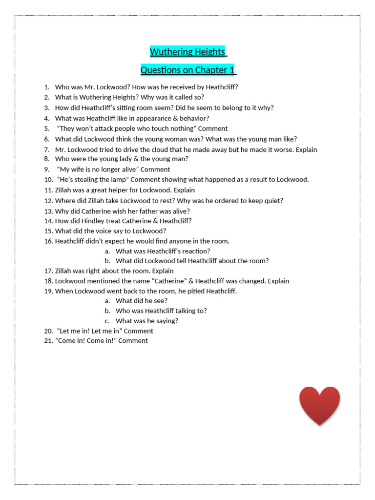 Wuthering Heights chapter 1 questions school 2025 | PDF