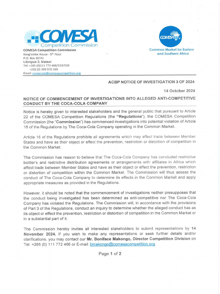 CCC Notice of Commencement of Investigations-Coca Cola | PDF