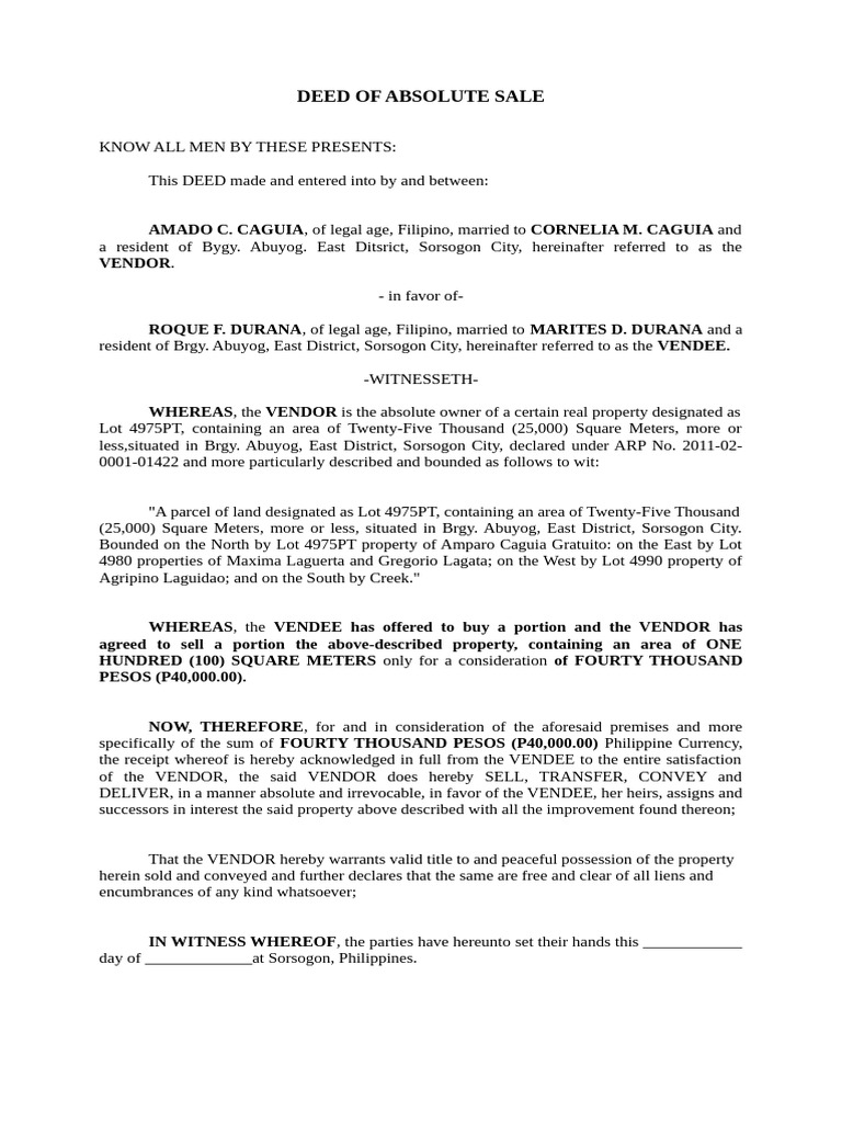 Deed of Absolute Sale | PDF | Private Law | Common Law