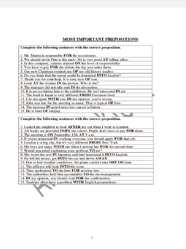Most Important Prepositions (SOLVED) | PDF