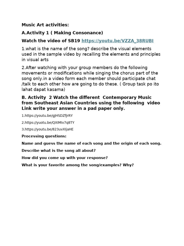 Grade 7 Music and Art Activities | PDF