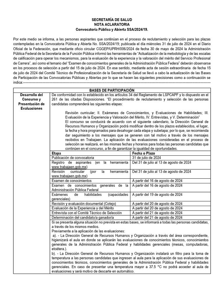 Nota Aclaratoria Convocatoria SSA/2024/19 | PDF | Evaluación ...