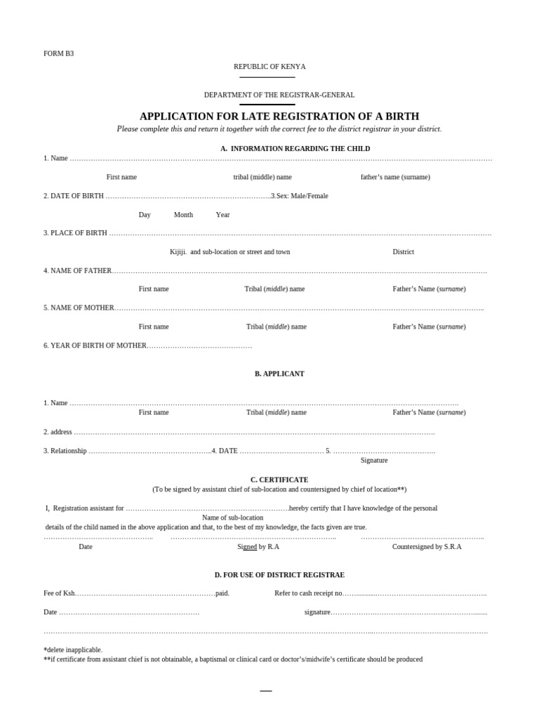 Kenya Late Birth Registration Form | PDF | Social Institutions