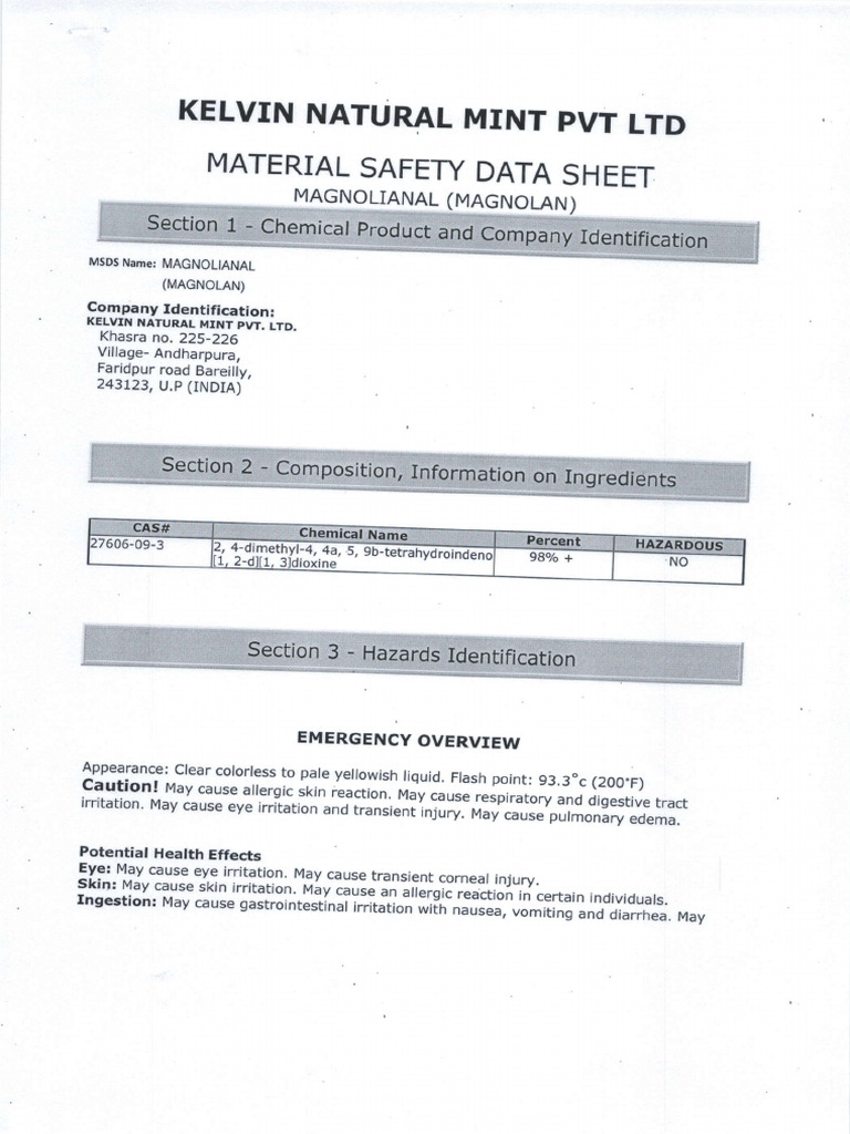 MSDS Magnolianal (Magnolan) | PDF | Dangerous Goods | Water