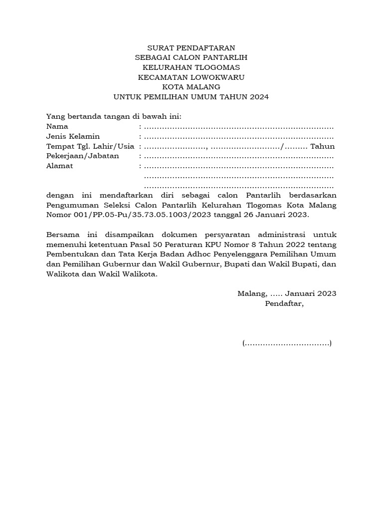 Formulir Pendaftaran Pantarlih Tlogomas | PDF