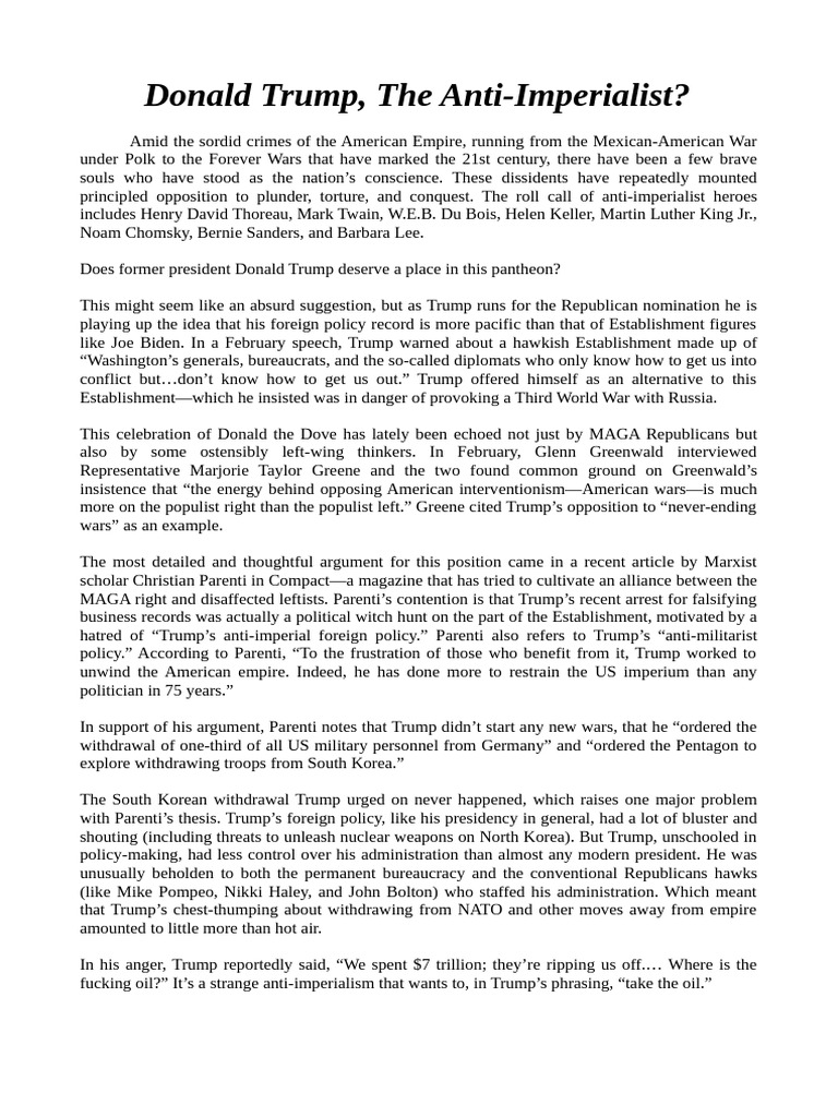 Reading Comprehension - Donald Trump, The Anti-Imperialist | PDF ...