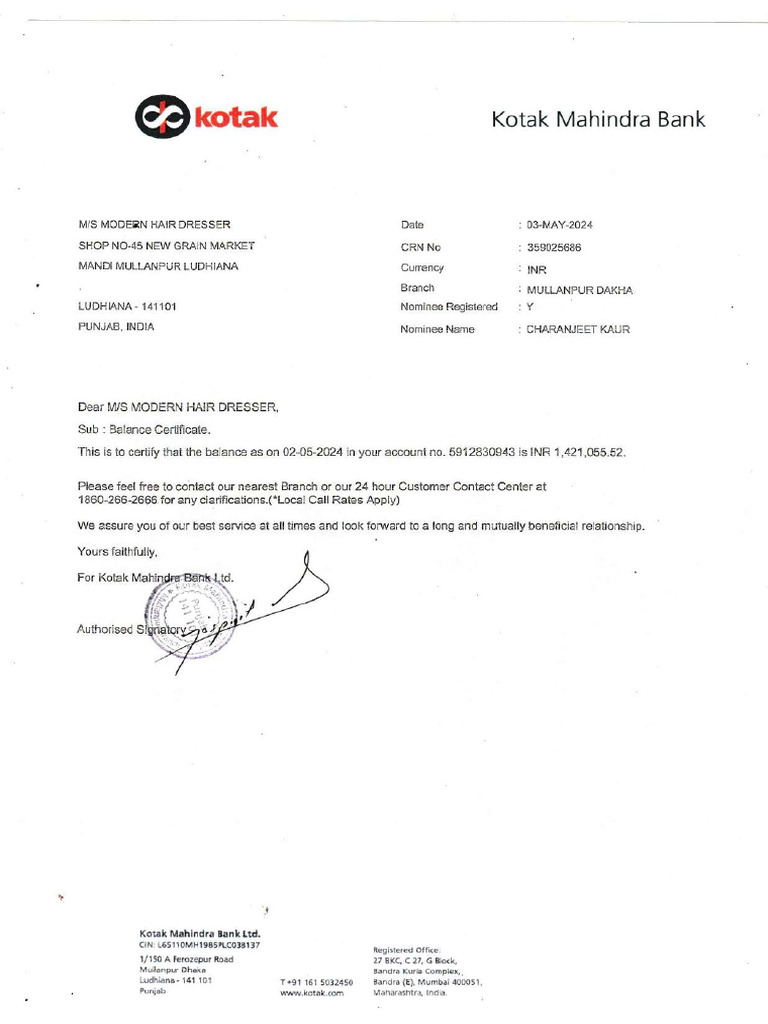 Current Ac Balance Certificate | PDF