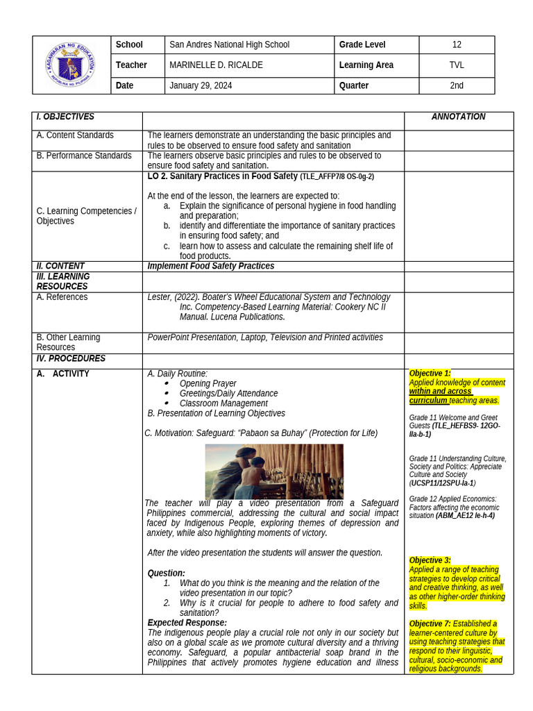 Cookery-DLP-COT-2-2024 | PDF | Teachers | Food Safety