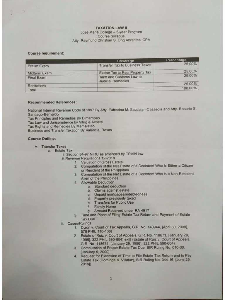 Tax 2 Syllabus | PDF