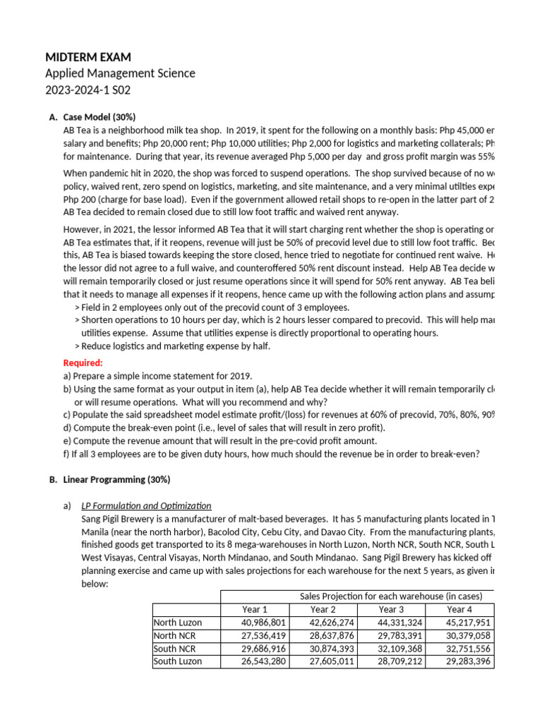 Midterm Exam 2023-2024-1 (1) | PDF | Revenue | Expense