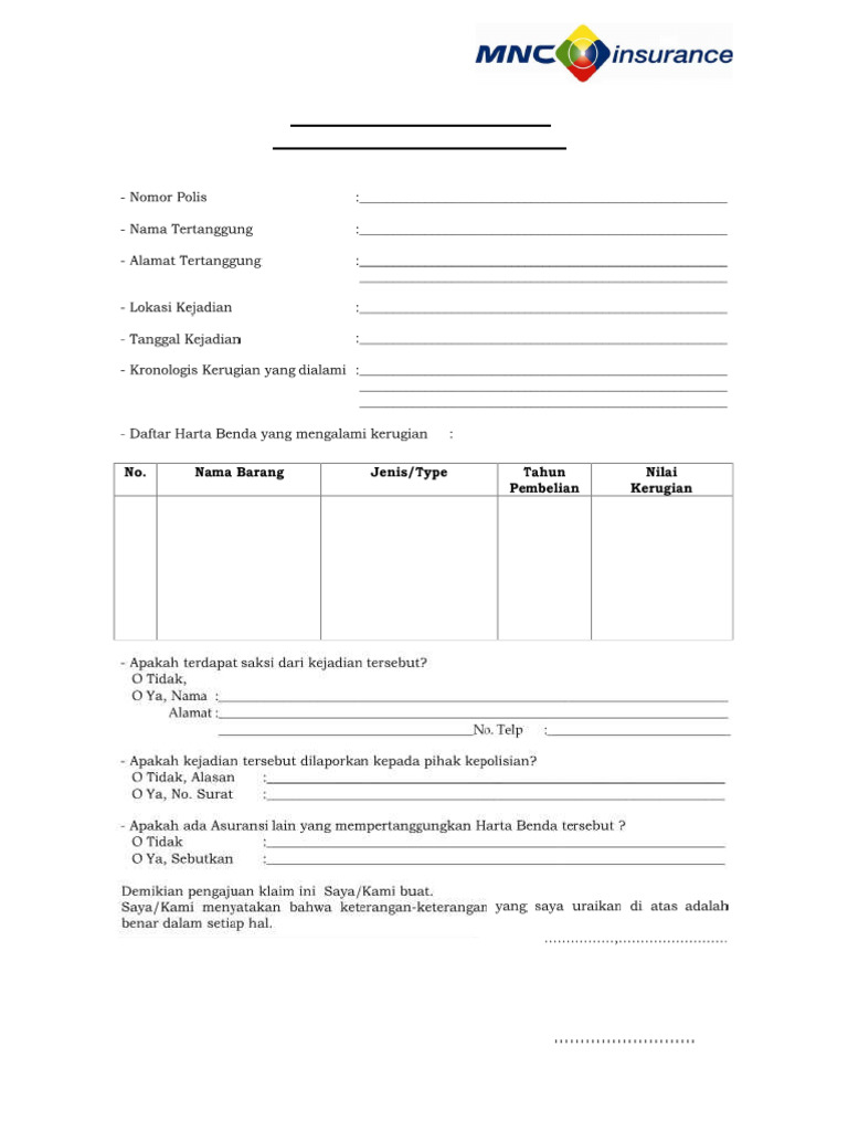 Form Claim Moveable All Risk (MNC Insurance) | PDF Form Claim Moveable All Risk (MNC Insurance) | PDF