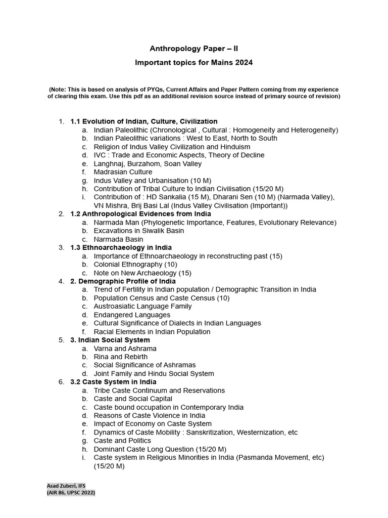 Important Topics Paper 2 Mains 2024 | PDF | Anthropology | Caste