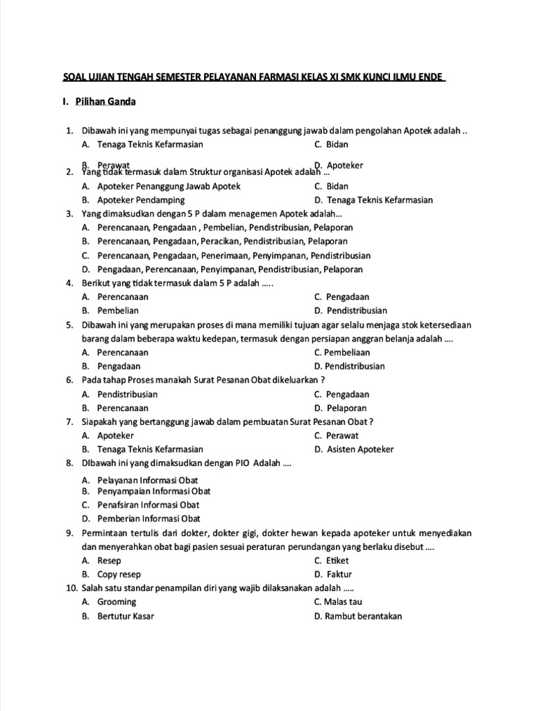 PDF Soal Uts Pelayanan Farmasi Kelas Xi SMK Kunci Ilmu Ende - Compress | PDF