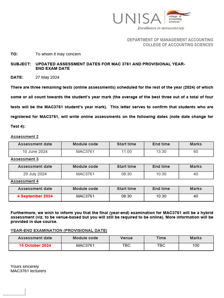 MAC3761 Assessment Dates 2024 | PDF