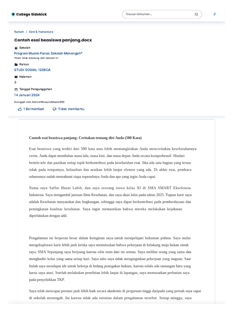 Contoh Esai Diri untuk Beasiswa 500 Kata | PDF