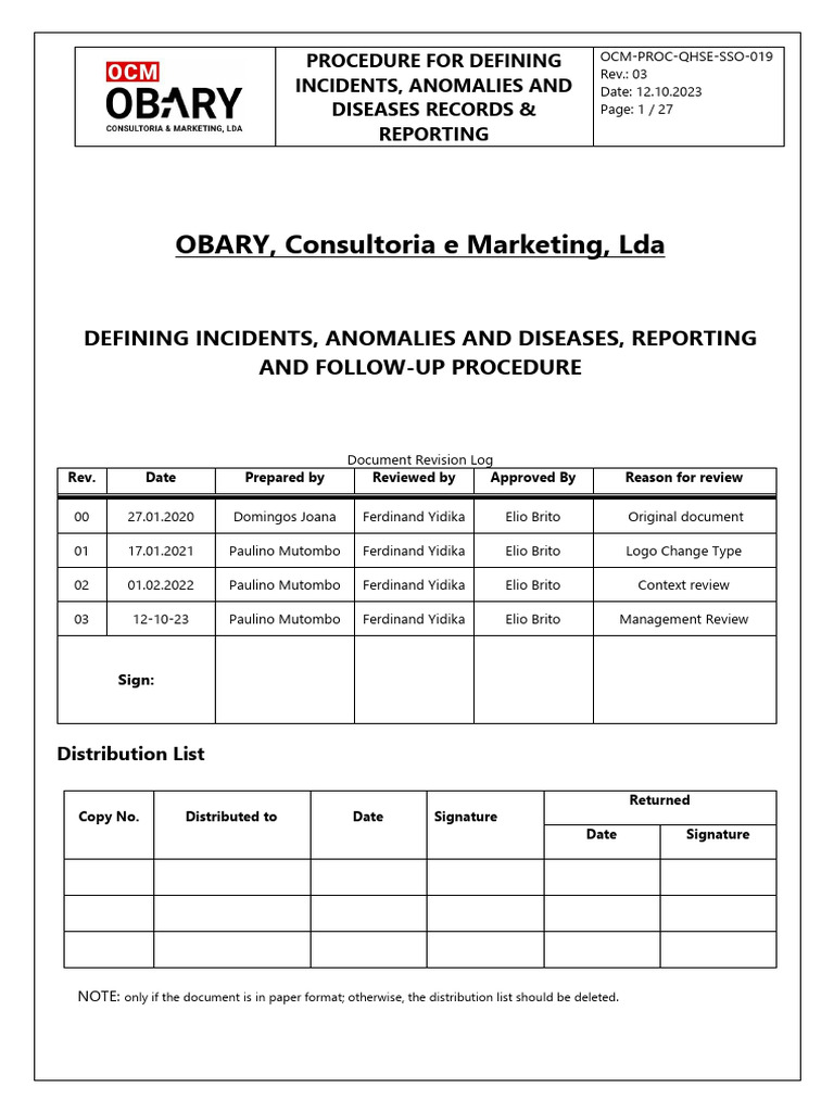 Ocm-Proc-Qhse-Sso-019 en Incidents J Anomalies 0 Illnesses Recroding 0 ...