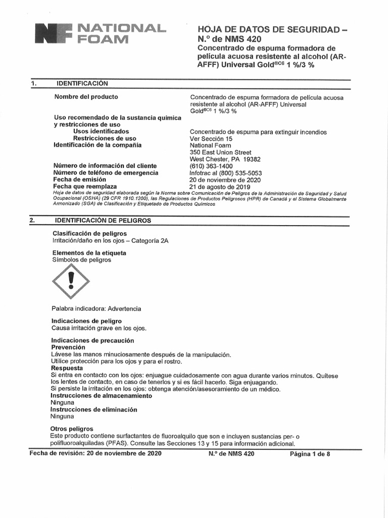 MSDS Concentrado de Espuma AR-AFFF National Foam Univerl Gold 20.11. ...