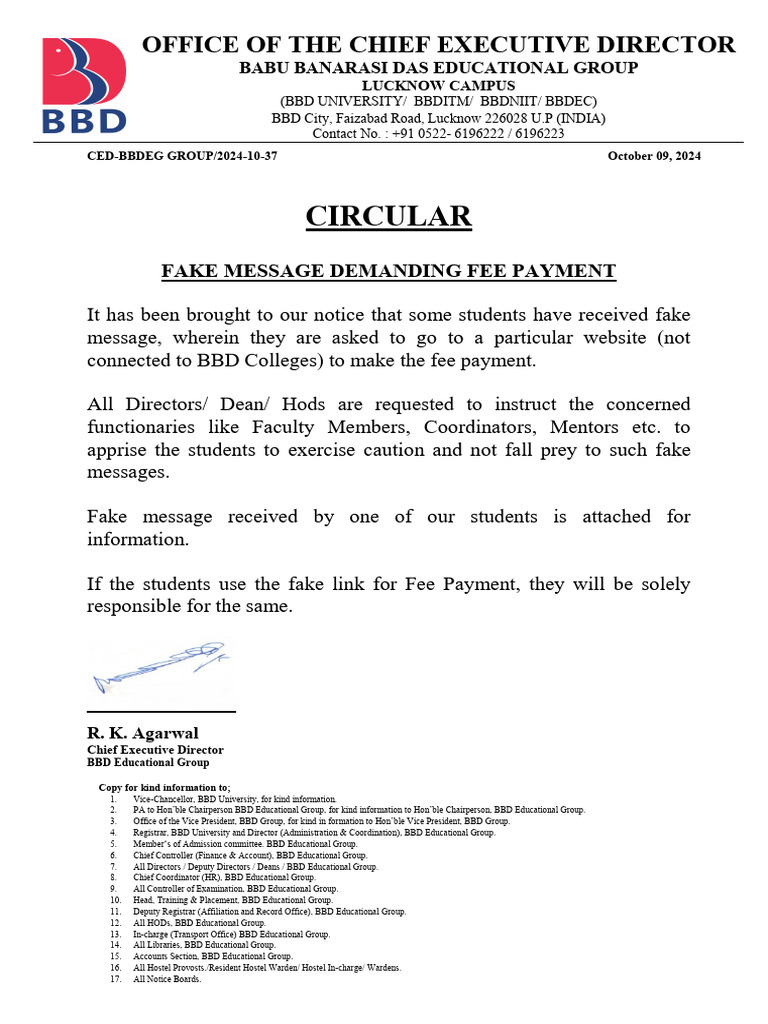 Warning: Fake Fee Payment Messages | PDF | Universities And Colleges ...