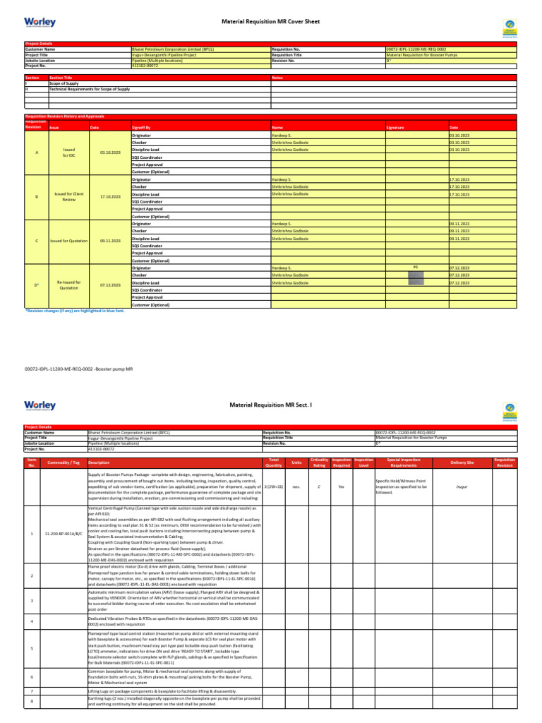 Material Requisition MR Cover Sheet: Project Details | PDF | Pump ...