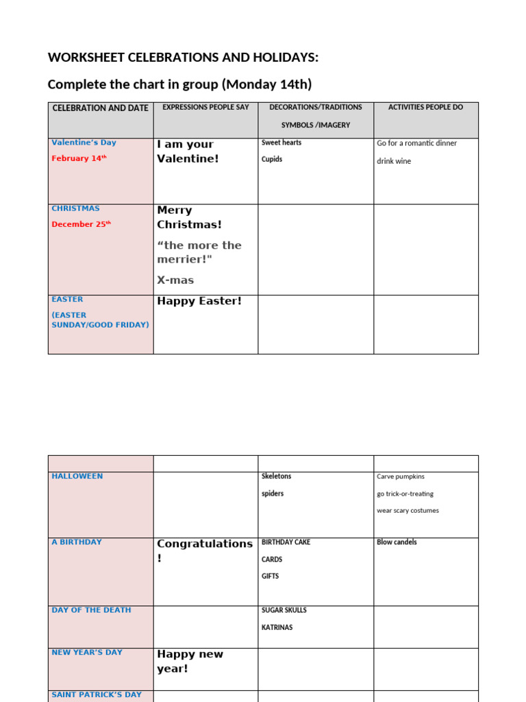 CELEBRATIONS AND HOLIDAYS WORKSHEET ST Group 3 | PDF