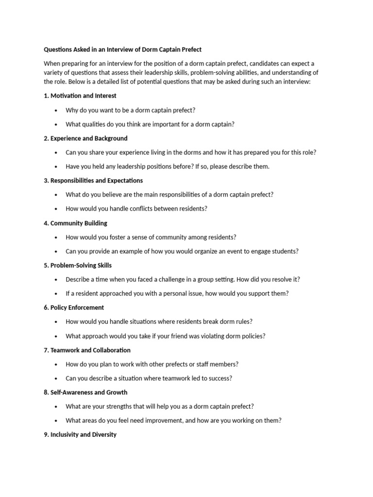 Questions Asked in An Interview of Dorm Captain Prefect | PDF | Career ...