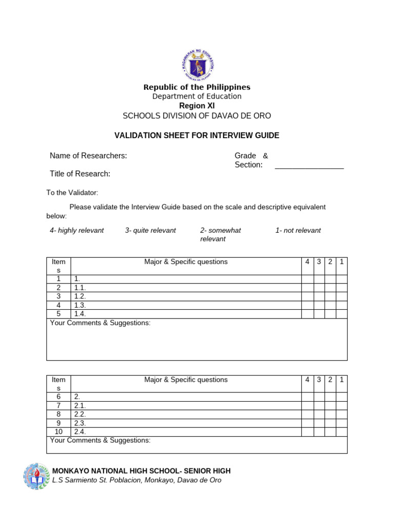Validation Sheet For Interview Guide | PDF