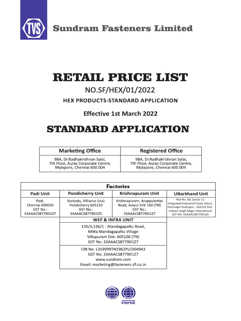 TVS Hex Socket Price List 01.03.2022 | PDF | Metalworking | Machining
